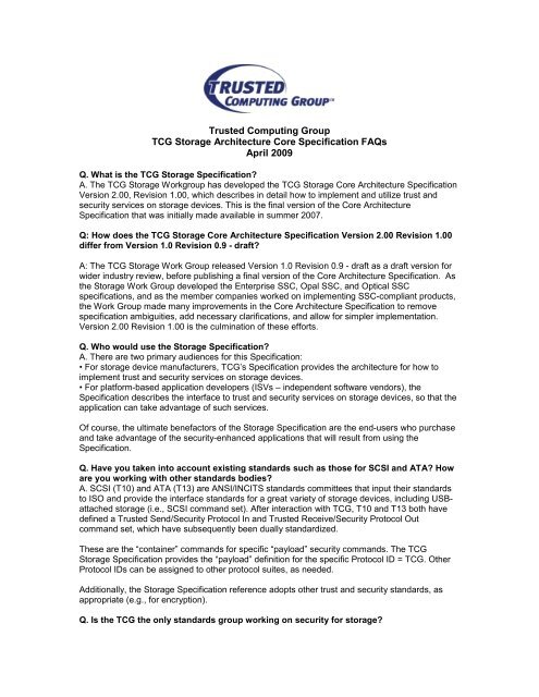 Trusted Computing Group TCG Storage Architecture Core ...