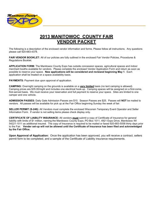 Vendor Application - Manitowoc County Expo Vendor Application - Manitowoc County Expo