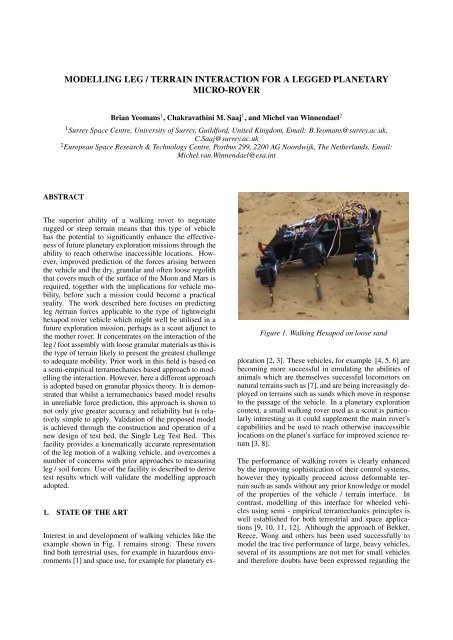 MODELLING LEG / TERRAIN INTERACTION FOR A LEGGED PLANETARY MICRO-ROVER