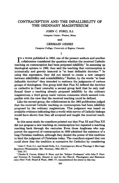 contraception and the infallibility of the ordinary magisterium