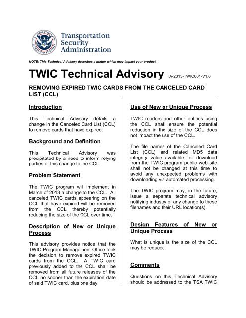 Removing Expired TWIC Cards from the Canceled Card List (2013 ...