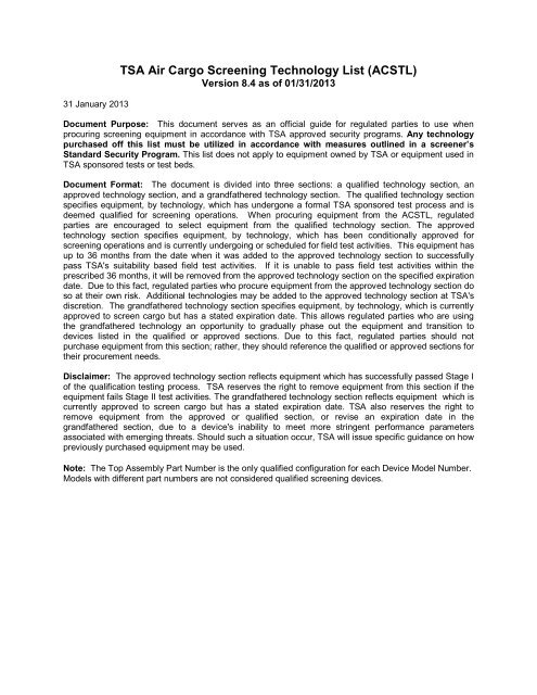 TSA Air Cargo Screening Technology List (ACSTL)