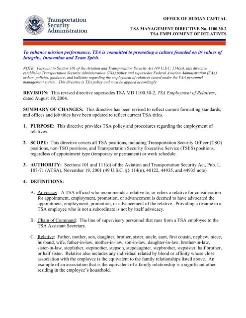 Employment of Relatives - Transportation Security Administration