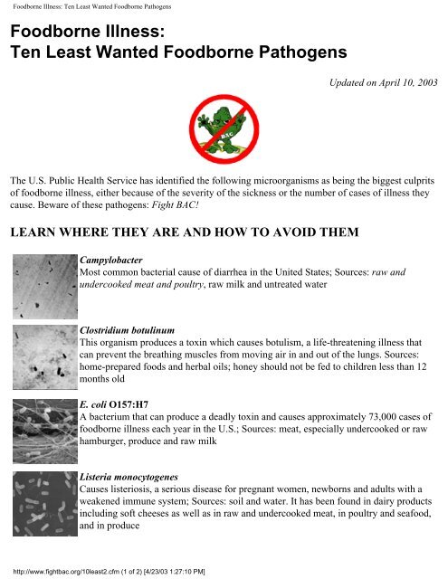 Foodborne Illness: Ten Least Wanted Foodborne Pathogens