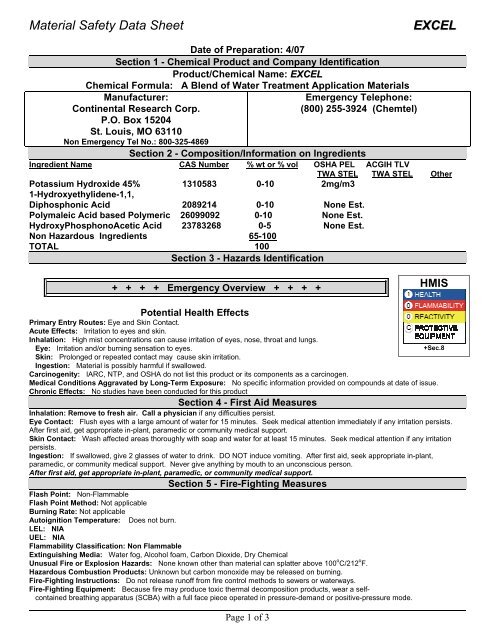 Material Safety Data Sheet EXCEL - Continental Research ...