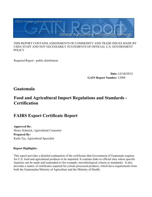 FAIRS Export Certificate Report Food and Agricultural Import ...