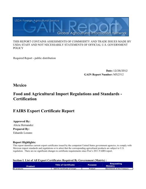 Mexico Food and Agricultural Import Regulations and Standards