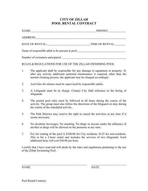 Pool Rental Contract - City of Zillah