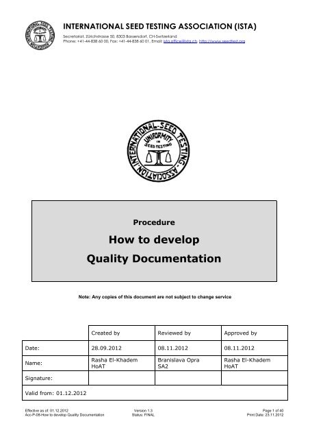 How to develop Quality Documentation - International Seed Testing ...