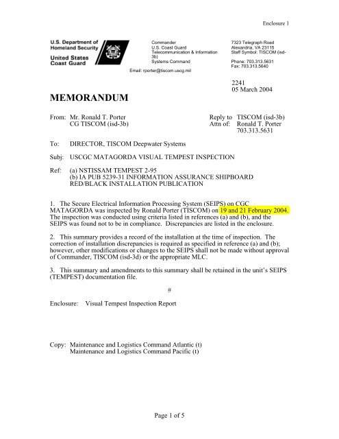 Matagorda-VTI - Memo plus enclosure