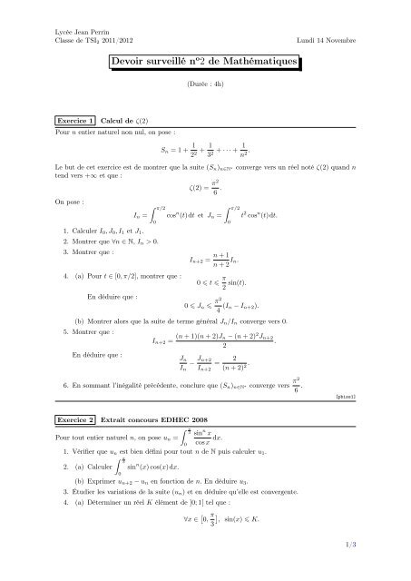 Classe de TSI2 - Exercices de mathÃ©matiques