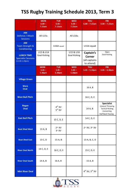 TSS Rugby Training Schedule 2012, Term 3