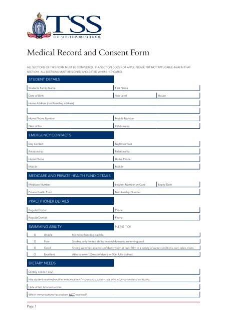 Student Medical Form - The Southport School