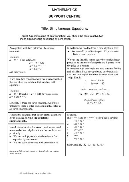 MATHEMATICS SUPPORT CENTRE Title: Simultaneous Equations.