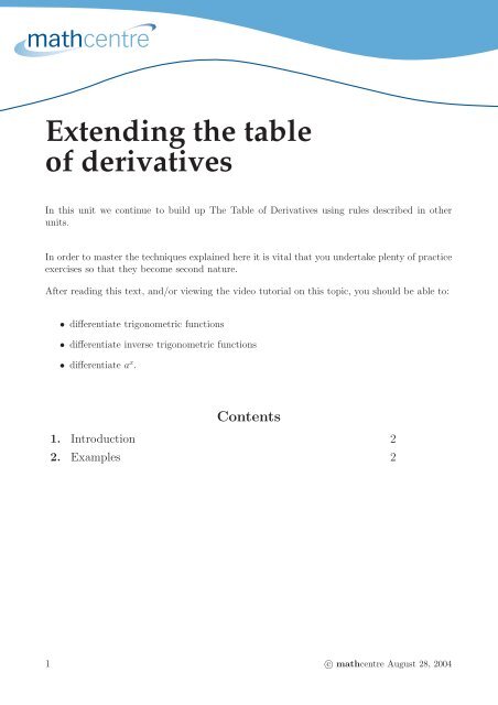 Extending the table of derivatives