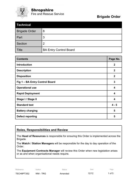 BA Entry Control Board - Shropshire Fire and Rescue Service
