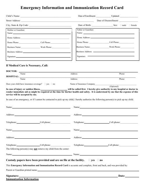 Emergency Information and Immunization Record Card