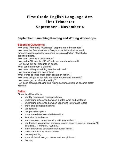 First Grade English Language Arts First Trimester September ...