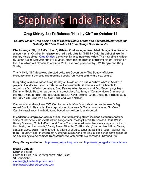 Greg Shirley Set To Release "Hillbilly Girl" on October 14