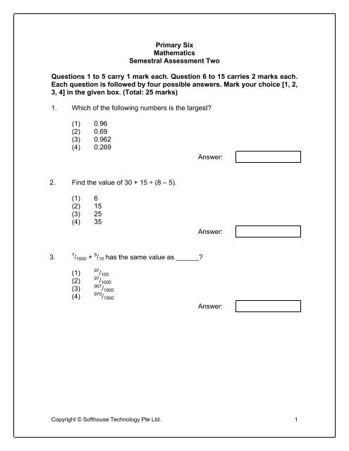 Primary Six Mathematics Semestral Assessment ... - FreeExamPapers