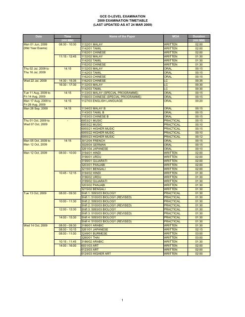 2009 GCE O Level Exam Timetable Free Download