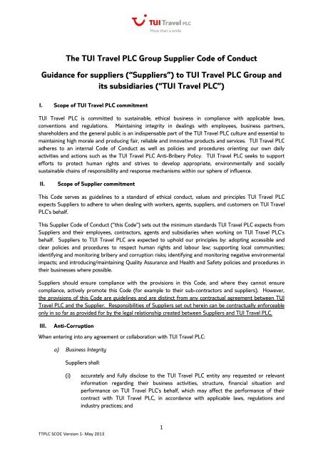 The TUI Travel PLC Group Supplier Code of Conduct Guidance for ...