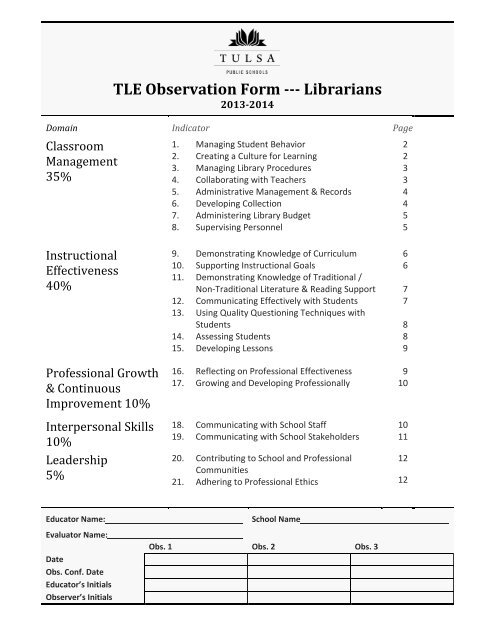TLE Observation Form --- Librarians - Tulsa Public Schools