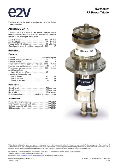 BW3300J2 RF Power Triode