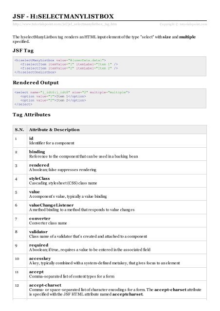 JSF h:selectManyListbox Tag - Tutorials Point