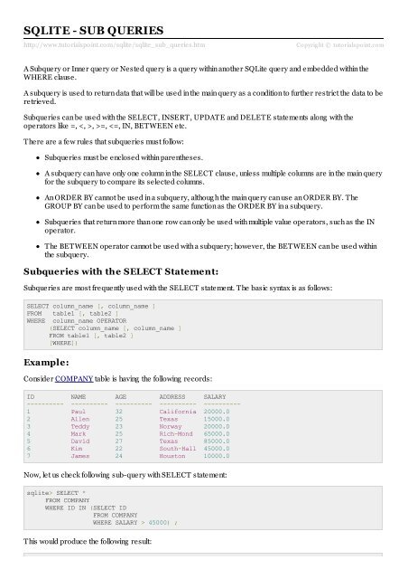 SQLite - Sub Queries - Tutorials Point