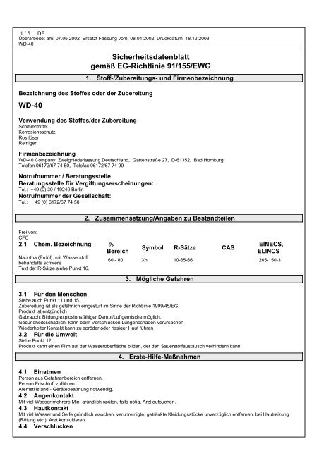 Sicherheitsdatenblatt gemÃ¤Ã EG-Richtlinie 91/155/EWG WD-40