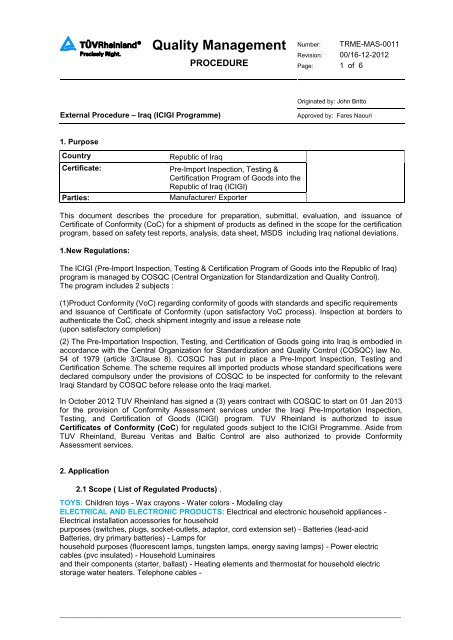 Iraq, Procedure, ICIGI CoC - Tuv