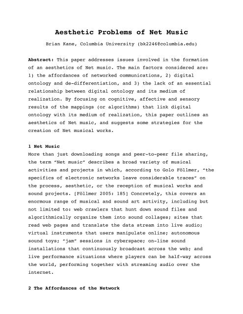 Aesthetic Problems of Net Music - Brian Kane