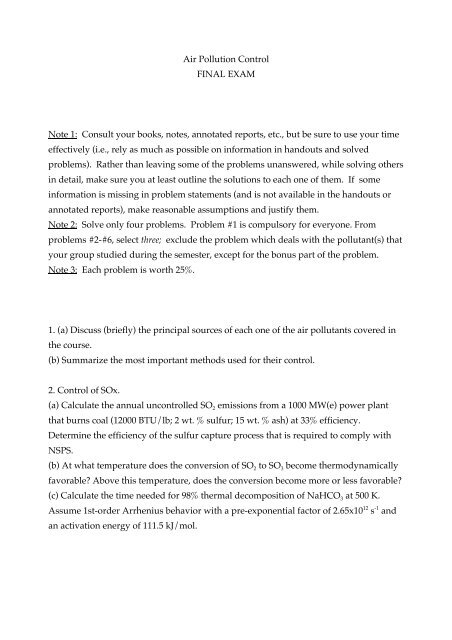 Air Pollution Control FINAL EXAM Note 1: Consult your books, notes ...