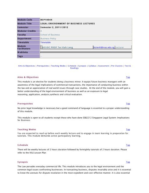 Module Code BSP1004X Module Title LEGAL ... - NUS - BBA