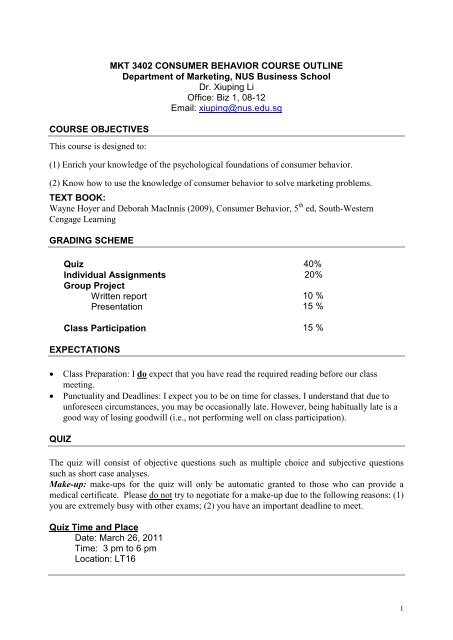 MKT 3402 CONSUMER BEHAVIOR COURSE ... - NUS - BBA