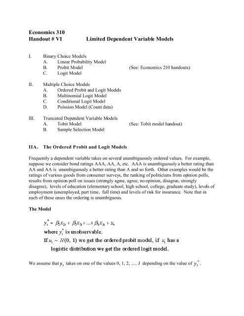 Economics 310 Handout # VI Limited Dependent Variable Models