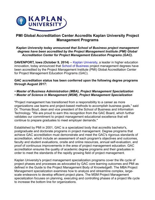 PMI Global Accreditation Center Accredits Kaplan University Project ...