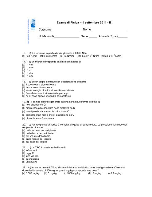 Esame di Fisica – 1 settembre 2011 - INFN - Torino Personal pages