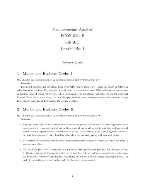 Macroeconomic Analysis ECON 6022 B Fall 2011 Problem Set 4