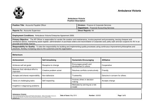 Ambulance Victoria Position Description Position Title: Accounts ...
