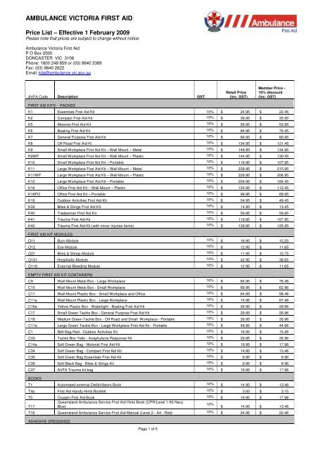 AMBULANCE VICTORIA FIRST AID Price List