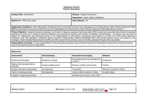 Ambulance Victoria Position Description Position Title: OHS Advisor ...