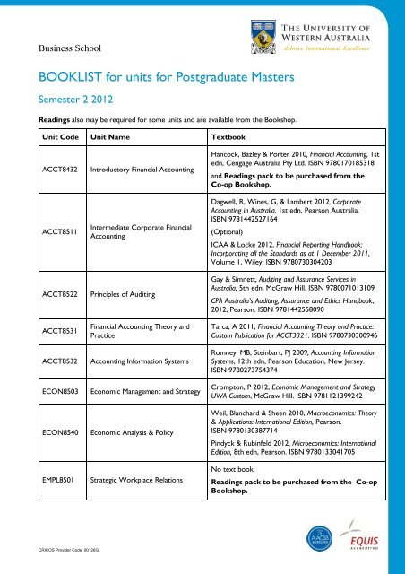Booklist for Postgraduate Semester 2 2012 - Business School