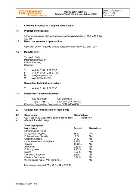 MSDS for Travel 1003 and spare battery 520 Wh - Jamestown ...