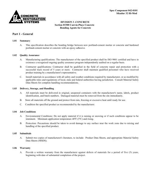 pdf Sikadur 32, Hi-Mod Epoxy Adhesive Spec Component 042-0101 ...