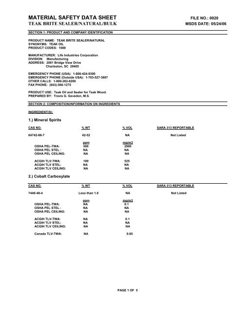 MSDS BTL-1088 Natural - Jamestown Distributors