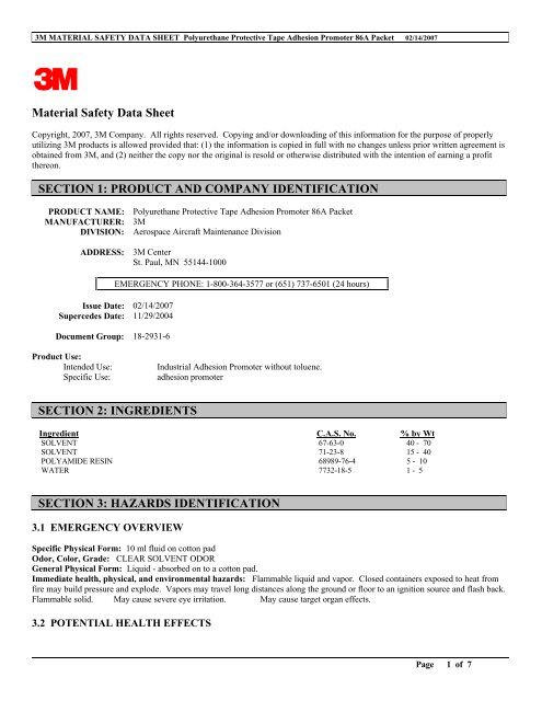 Material Safety Data Sheet SECTION 1: PRODUCT AND ... - 3M