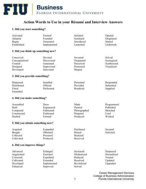 Action Words to Use in your RÃ©sumÃ© and Interview Answers