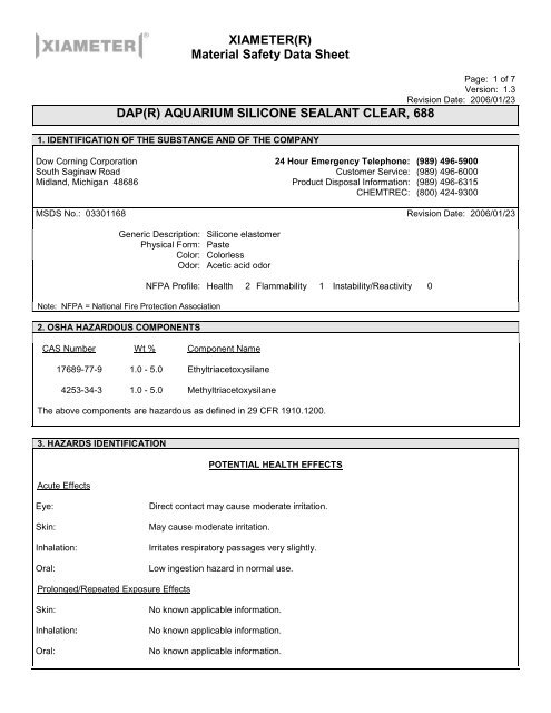 XIAMETER(R) Material Safety Data Sheet DAP(R) AQUARIUM ...